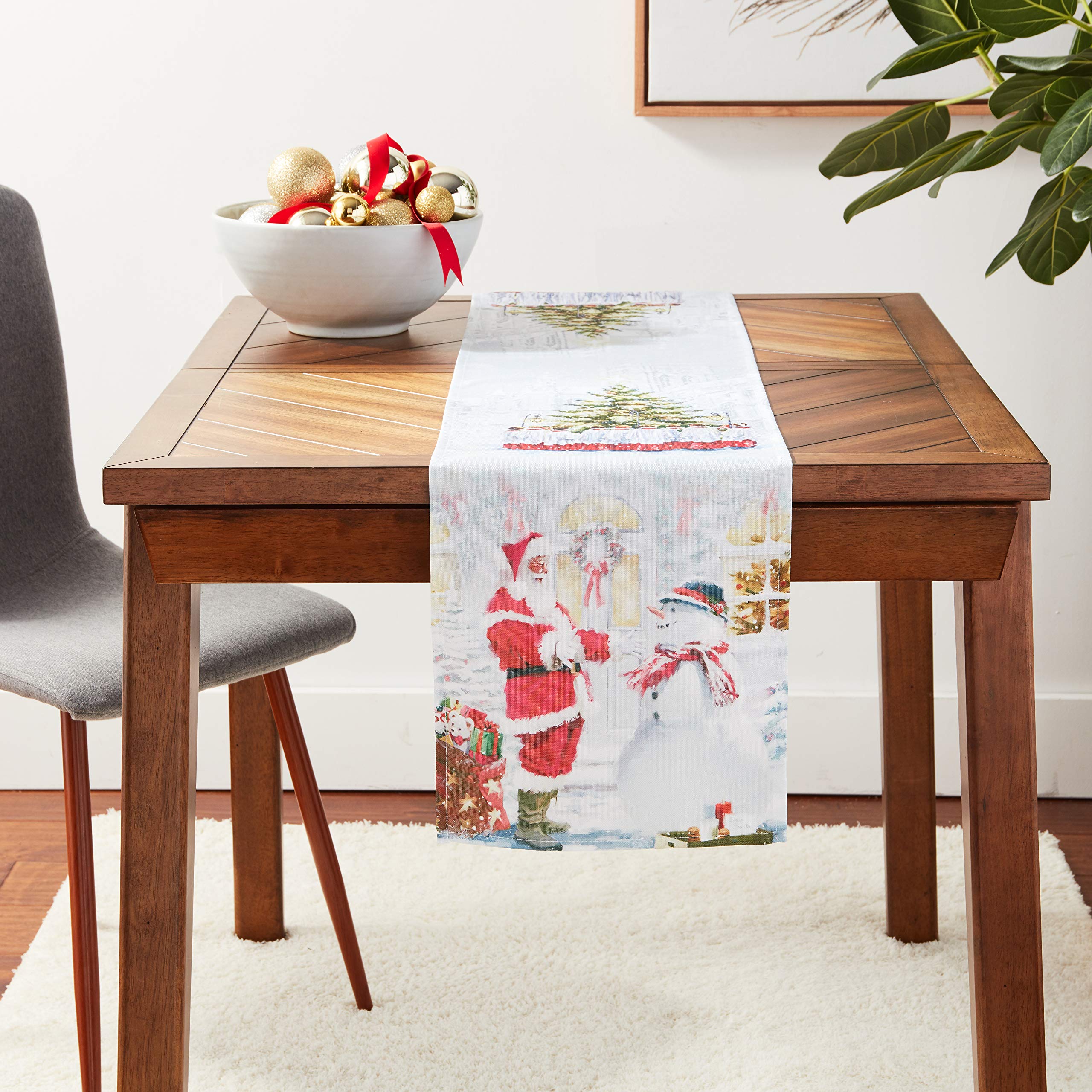 Violet Linen Christmas Snowed Man, Polyester, Super Soft Feel Faux Suede Fabric, Digital Print Decorative Table Runner, 13" X 70", Santa Claus with Snowman Design