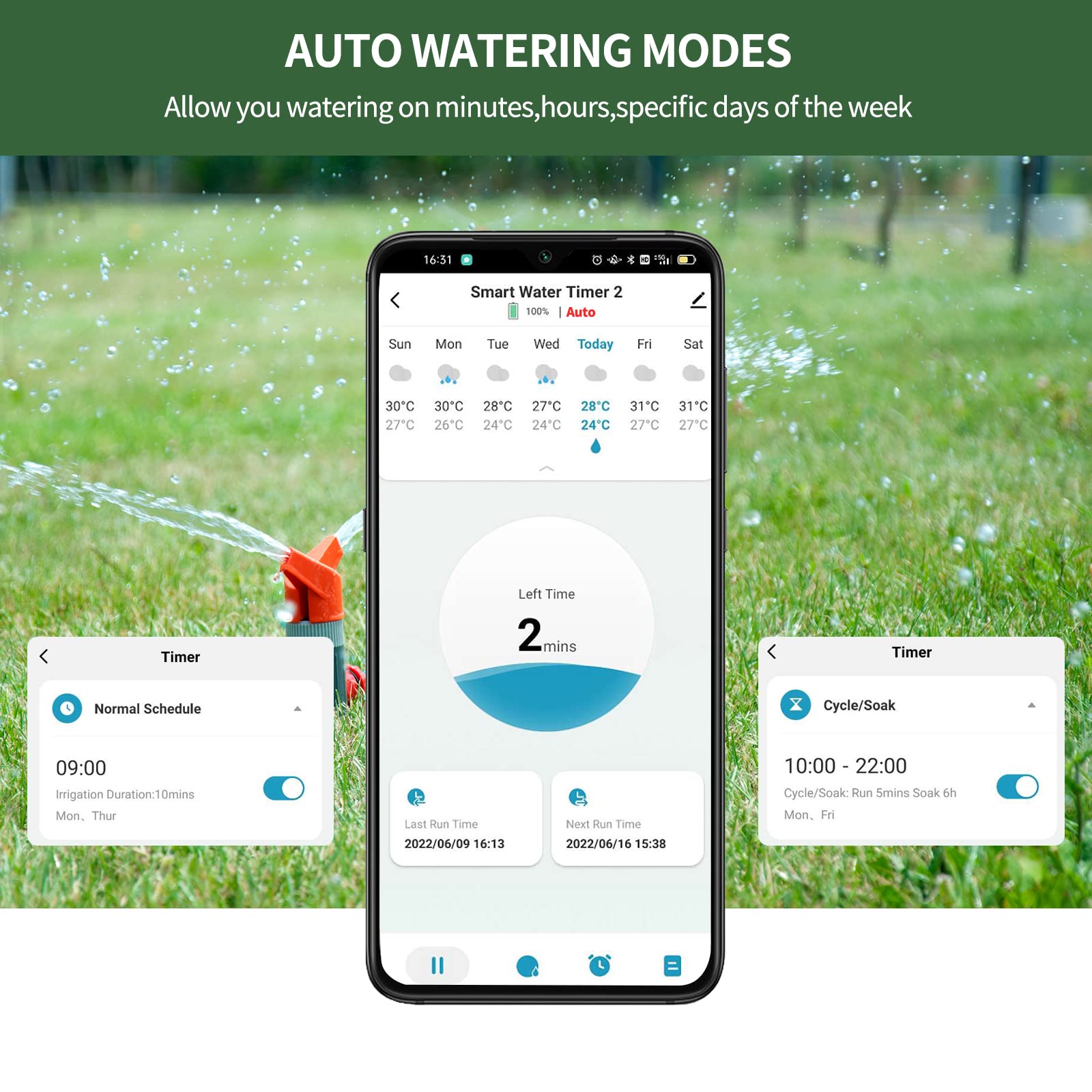 Bluetooth Sprinkler Timer, Single-Outlet Smart Water Timer Green Programmable Hose Timer with 3 Irrigation Mode of Rain Delay/ Manual/Automatic Outdoor Irrigation Timer for Lawn Garden Pool