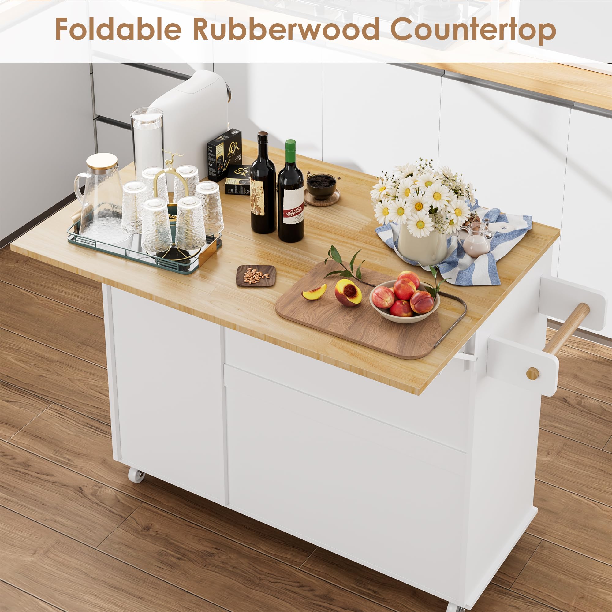 BOTLOG Kitchen Island with Storage, Island Table on Wheels with Drop Leaf, Spice Rack, Drawer, Towel Rack, Rolling Kitchen Island Cart for Dinning Room, White 15.7-27.55" D x 47.63" W x 35.43" H
