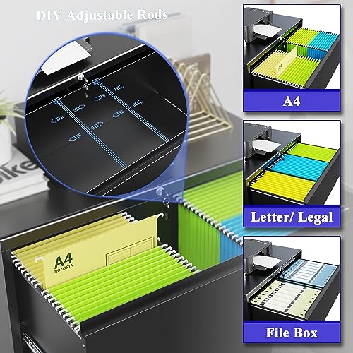 Hak Metal 3 Drawer Lateral File Cabinet with Lock, Black Office File Cabinet for Storing Legal/Letter A4 Size File, Mordent Locking Lateral Filing Cabinets for Home Office (Black)