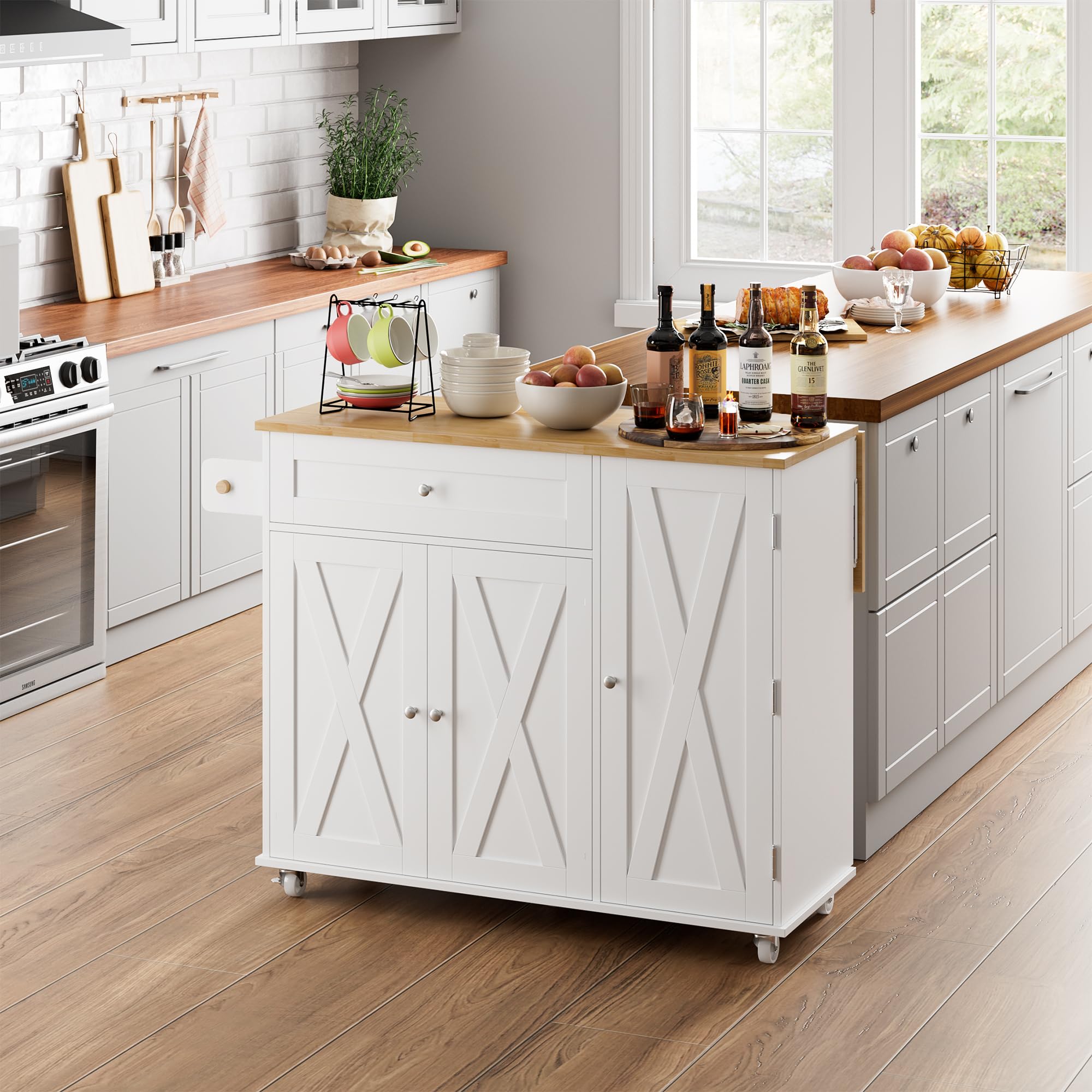 BOTLOG Kitchen Island with Storage, Island Table on Wheels with Drop Leaf, Spice Rack, Drawer, Towel Rack, Rolling Kitchen Island Cart for Dinning Room, White 15.7-27.55" D x 47.63" W x 35.43" H
