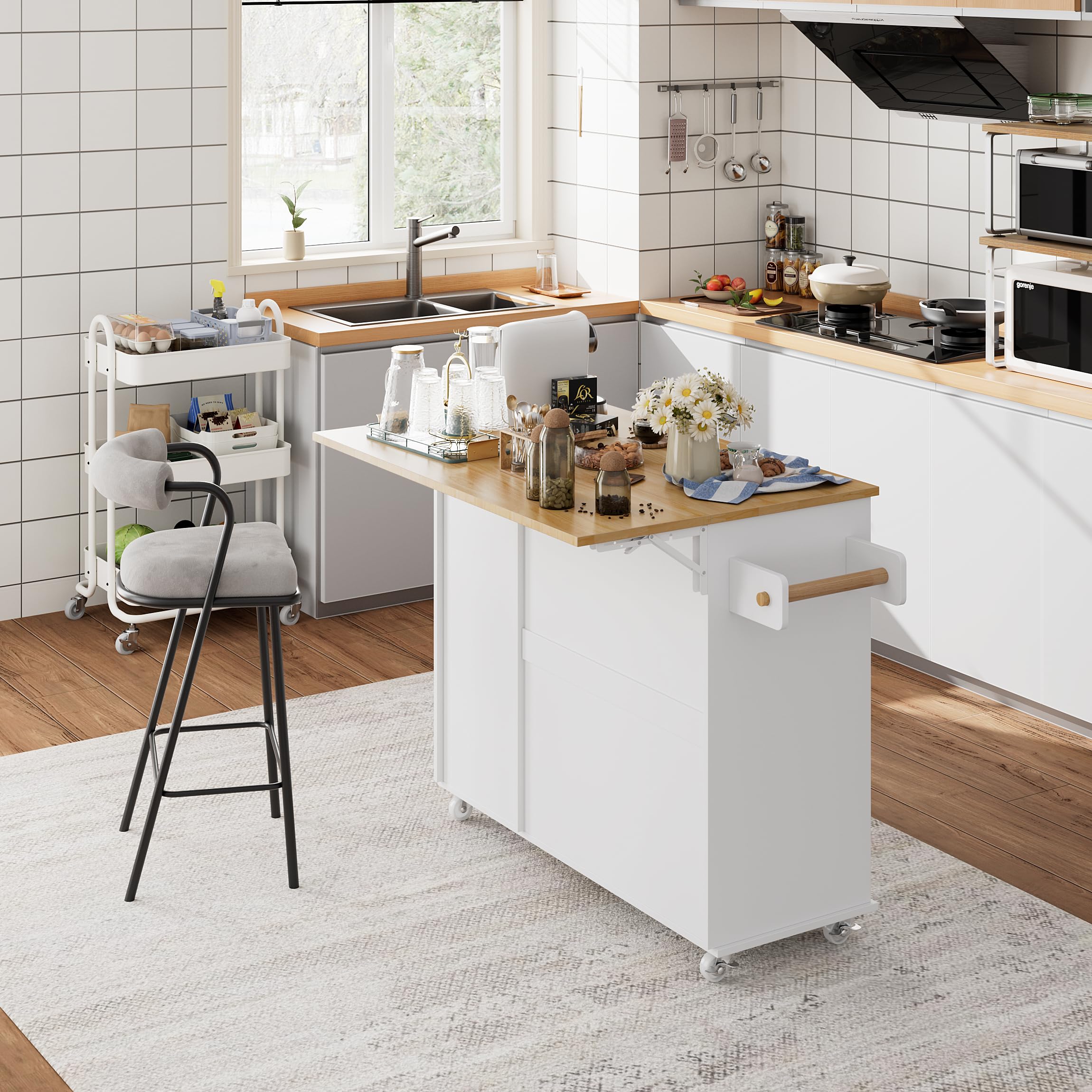 BOTLOG Kitchen Island with Storage, Island Table on Wheels with Drop Leaf, Spice Rack, Drawer, Towel Rack, Rolling Kitchen Island Cart for Dinning Room, White 15.7-27.55" D x 47.63" W x 35.43" H