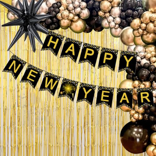 2024 Happy New Year Party Decorations,112PCS Black Gold Silver Balloon Garland Arch Kit,Banner,Foil Fringe Curtains For New Years Eve Birthday Party Supplies