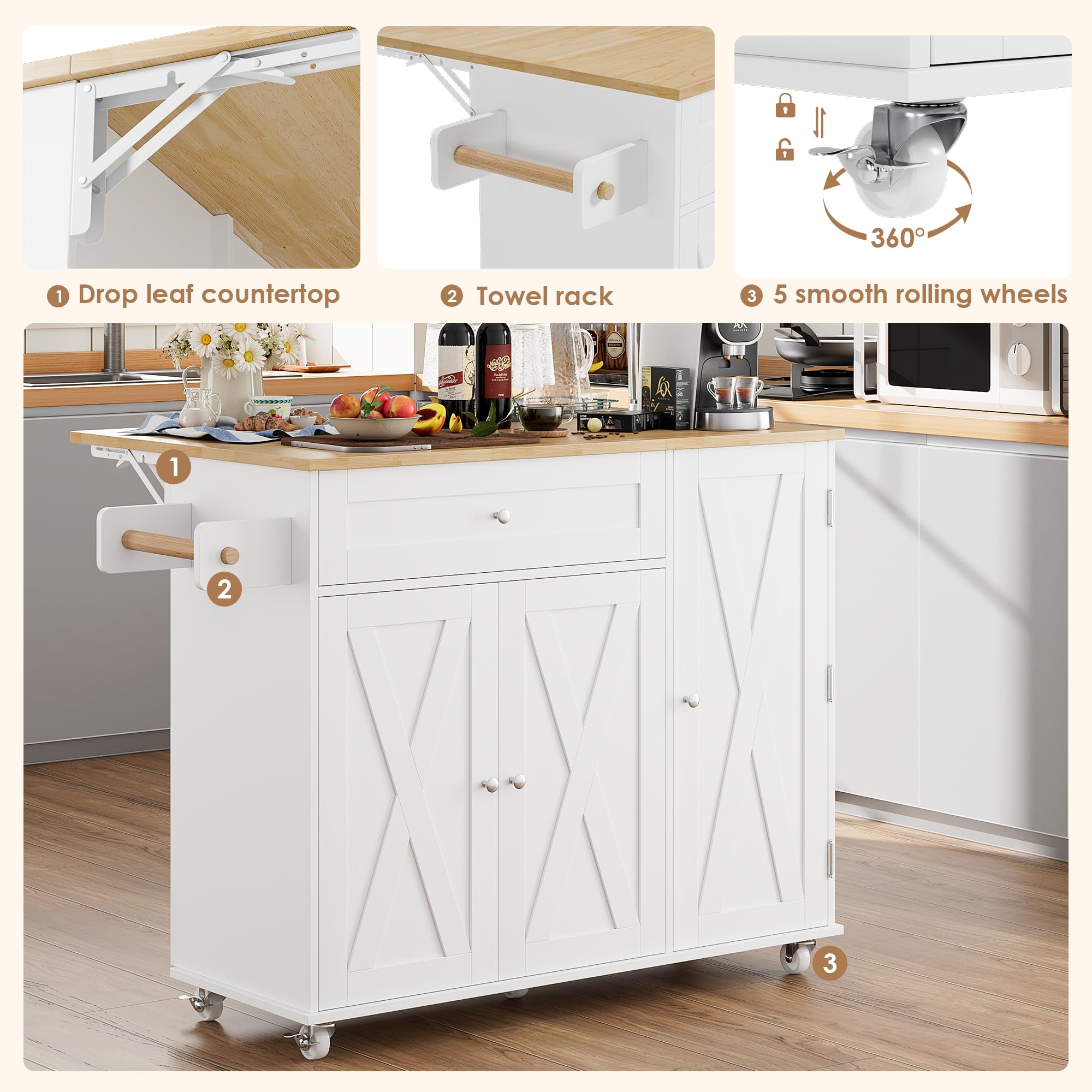 BOTLOG Kitchen Island with Storage, Island Table on Wheels with Drop Leaf, Spice Rack, Drawer, Towel Rack, Rolling Kitchen Island Cart for Dinning Room, White 15.7-27.55" D x 47.63" W x 35.43" H