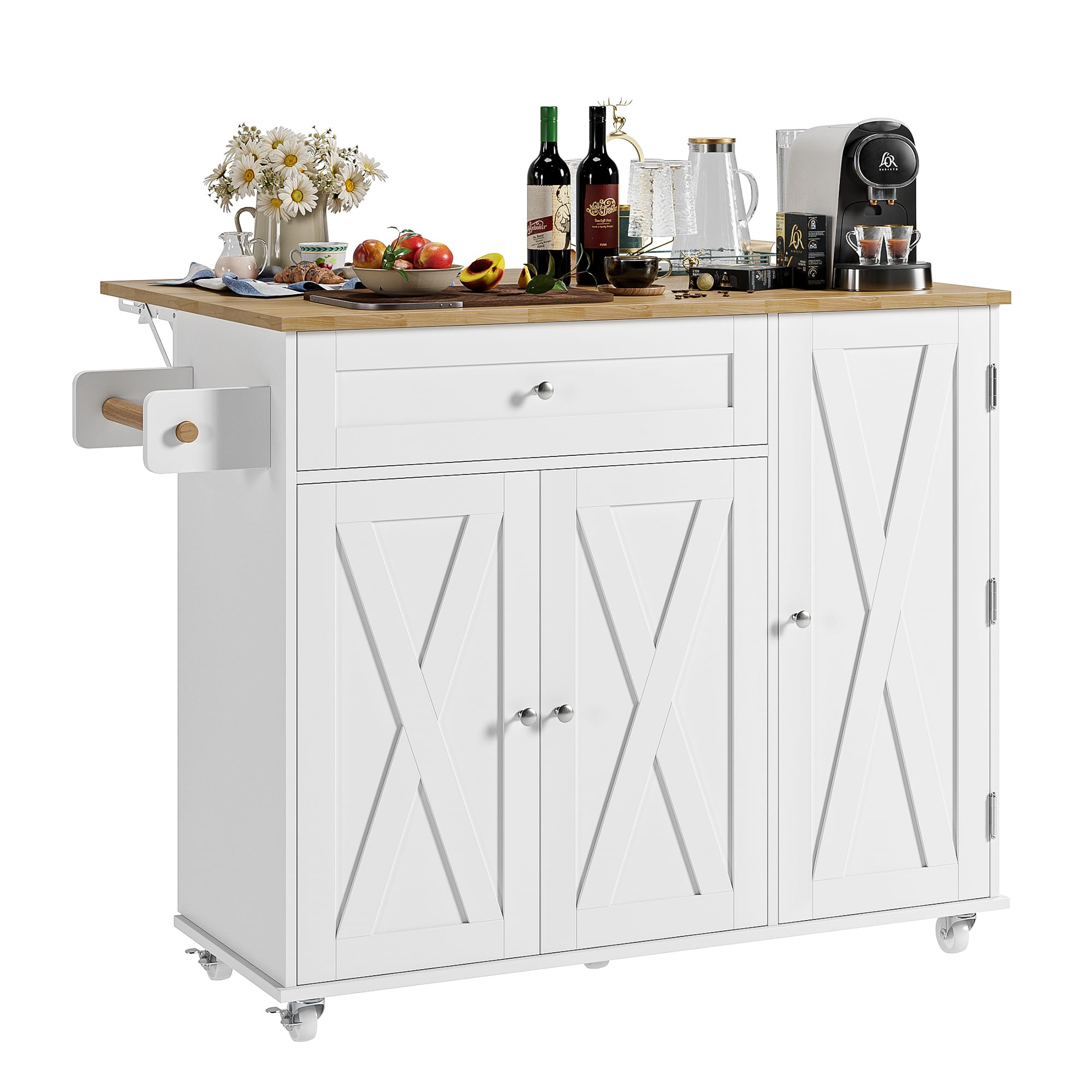 BOTLOG Kitchen Island with Storage, Island Table on Wheels with Drop Leaf, Spice Rack, Drawer, Towel Rack, Rolling Kitchen Island Cart for Dinning Room, White 15.7-27.55" D x 47.63" W x 35.43" H