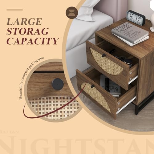 Woenei Rattan Nightstands End Table-Night Stand with 2 Drawers, Wood Accent Cabinet Set,Farmhouse Side Table with Storage, Bedside Tables for Living Room, Bedroom (1, Walnut)