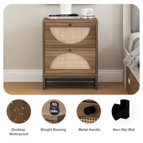 Woenei Rattan Nightstands End Table-Night Stand with 2 Drawers, Wood Accent Cabinet Set,Farmhouse Side Table with Storage, Bedside Tables for Living Room, Bedroom (1, Walnut)
