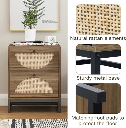 Woenei Rattan Nightstands End Table-Night Stand with 2 Drawers, Wood Accent Cabinet Set,Farmhouse Side Table with Storage, Bedside Tables for Living Room, Bedroom (1, Walnut)