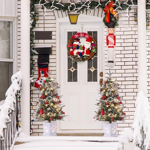 3ft Mini Prelit Premium Snow Flocked Artificial Christmas Tree, Pre-lit Xmas Pine Tree for Christmas Decoration, Party Decoration, Home, Office, White Base (White Base-elk, 3FT)
