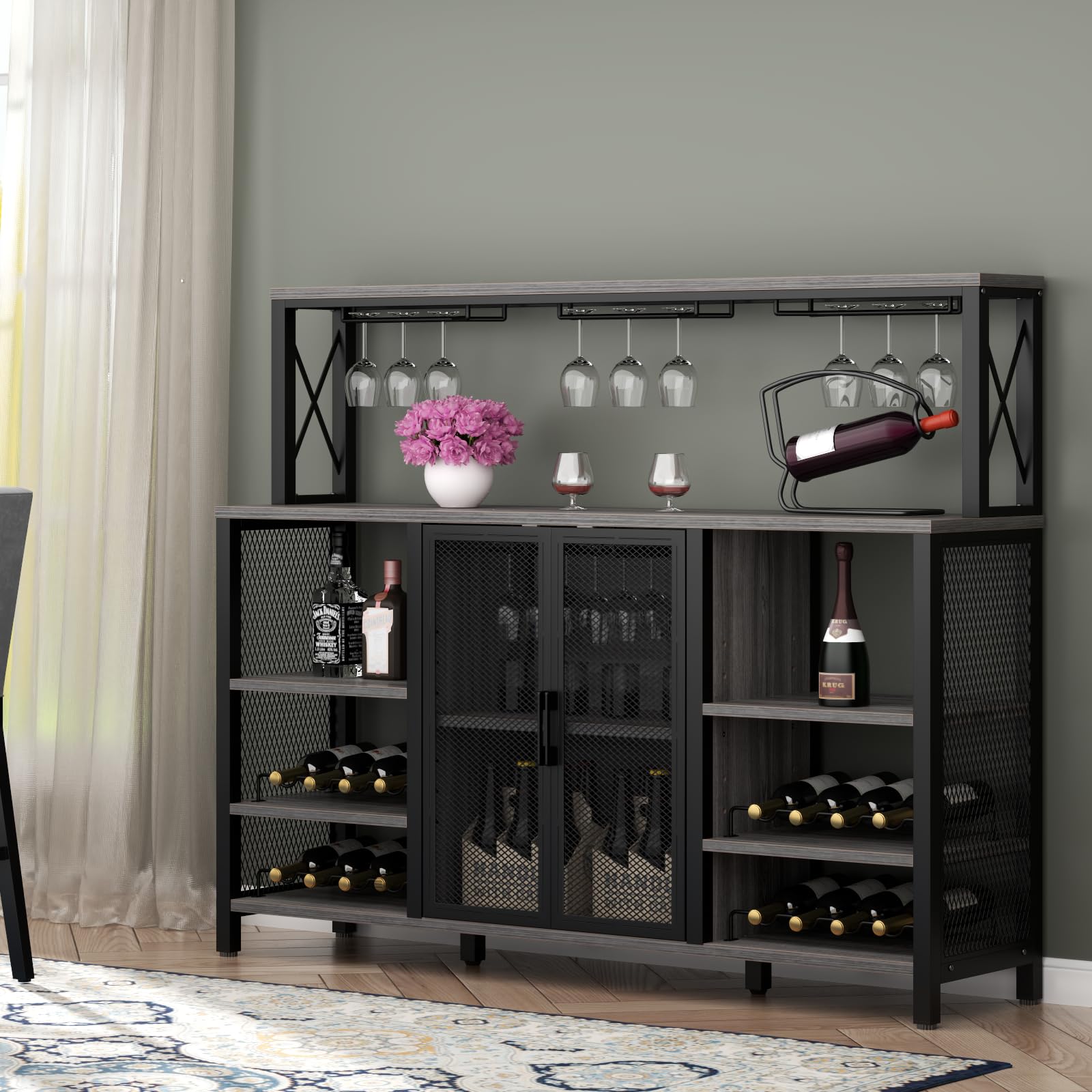 Gyfimoie Wine Bar Cabinet, 55 Inches Industry Coffee Bar Cabinet with Wine Rack and Glass Holder, Kitchen Sideboard Buffet Cabinet with Wine Rack Storage for Liquor and Glasses (Rustic Grey)