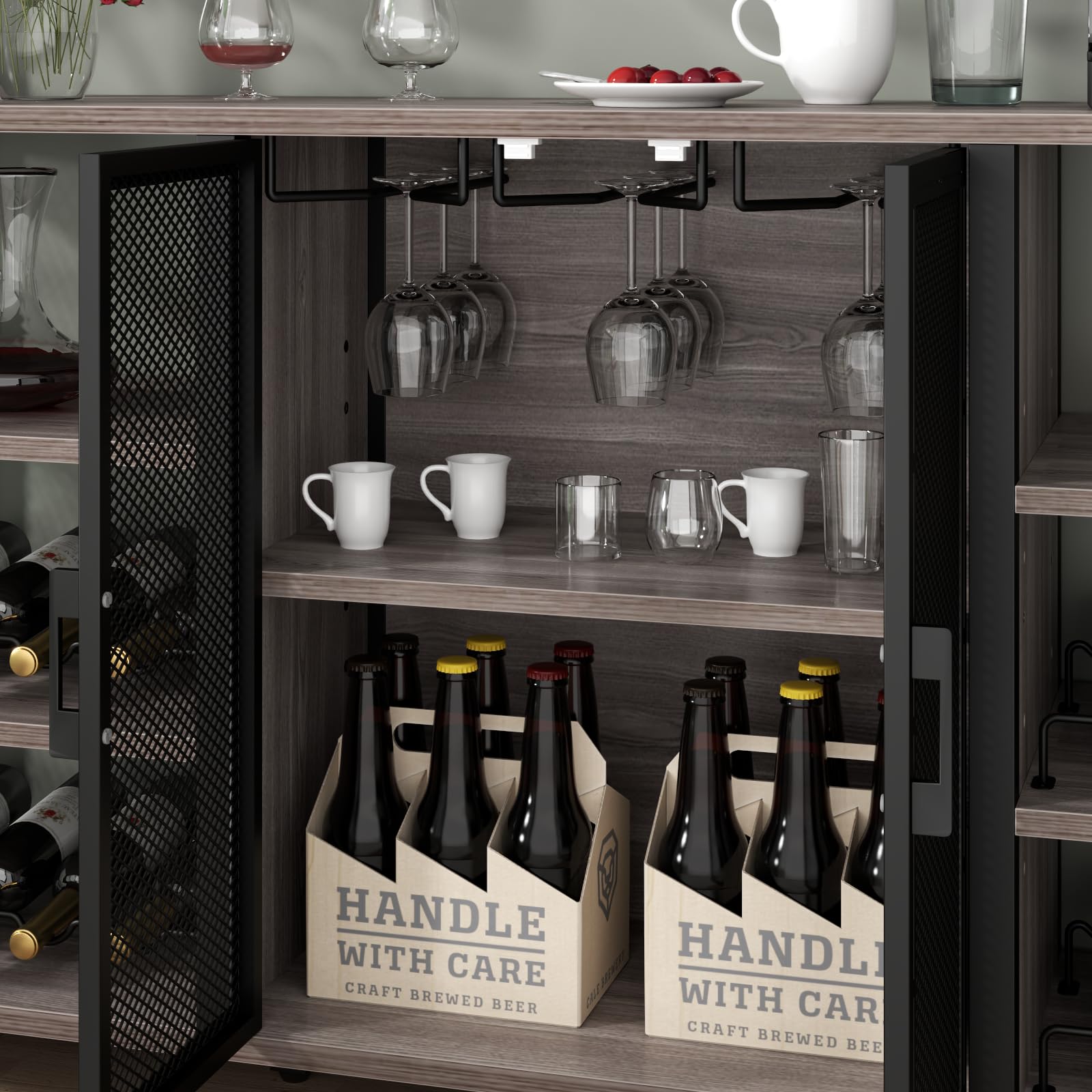 Gyfimoie Wine Bar Cabinet, 55 Inches Industry Coffee Bar Cabinet with Wine Rack and Glass Holder, Kitchen Sideboard Buffet Cabinet with Wine Rack Storage for Liquor and Glasses (Rustic Grey)
