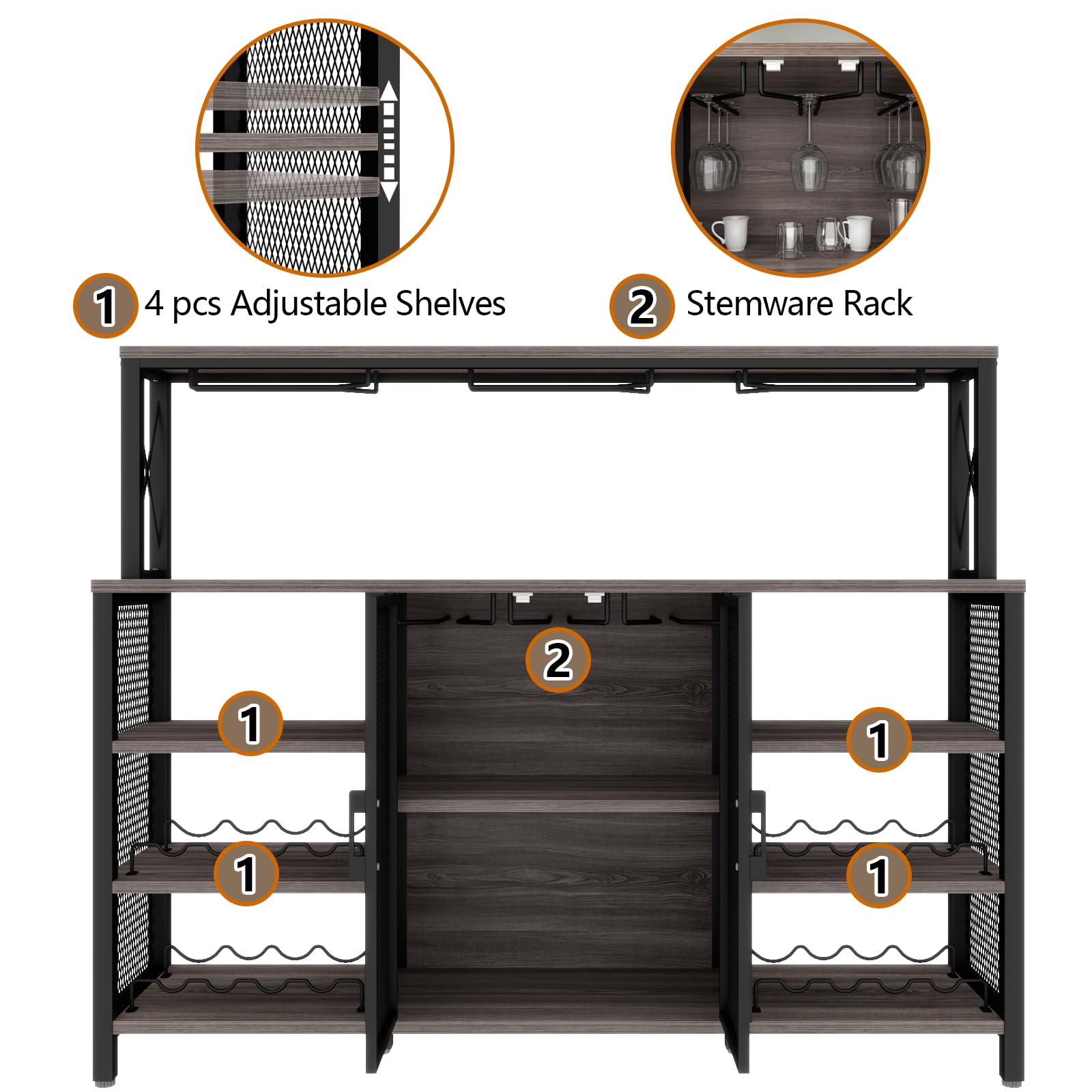 Gyfimoie Wine Bar Cabinet, 55 Inches Industry Coffee Bar Cabinet with Wine Rack and Glass Holder, Kitchen Sideboard Buffet Cabinet with Wine Rack Storage for Liquor and Glasses (Rustic Grey)