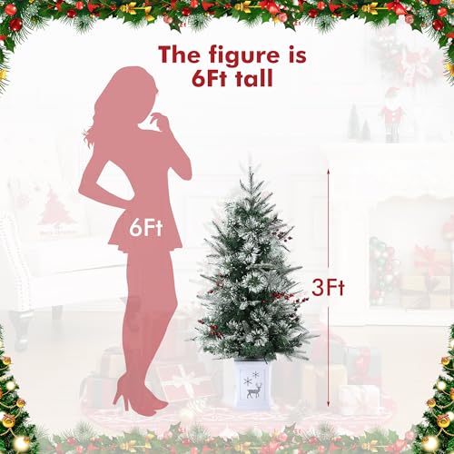3ft Mini Prelit Premium Snow Flocked Artificial Christmas Tree, Pre-lit Xmas Pine Tree for Christmas Decoration, Party Decoration, Home, Office, White Base (White Base-elk, 3FT)