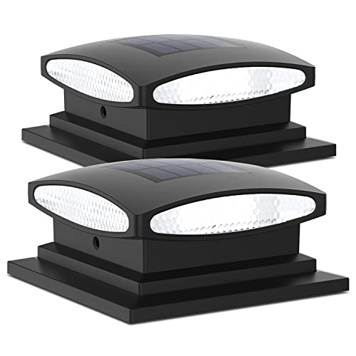 Siedinlar Solar Post Cap Lights Outdoor, 2 Modes 24 LED Solar Powered Fence Deck Light for 4x4 5x5 6x6 Posts Garden Patio Decoration Warm White & Cool White, Black (2 Pack)