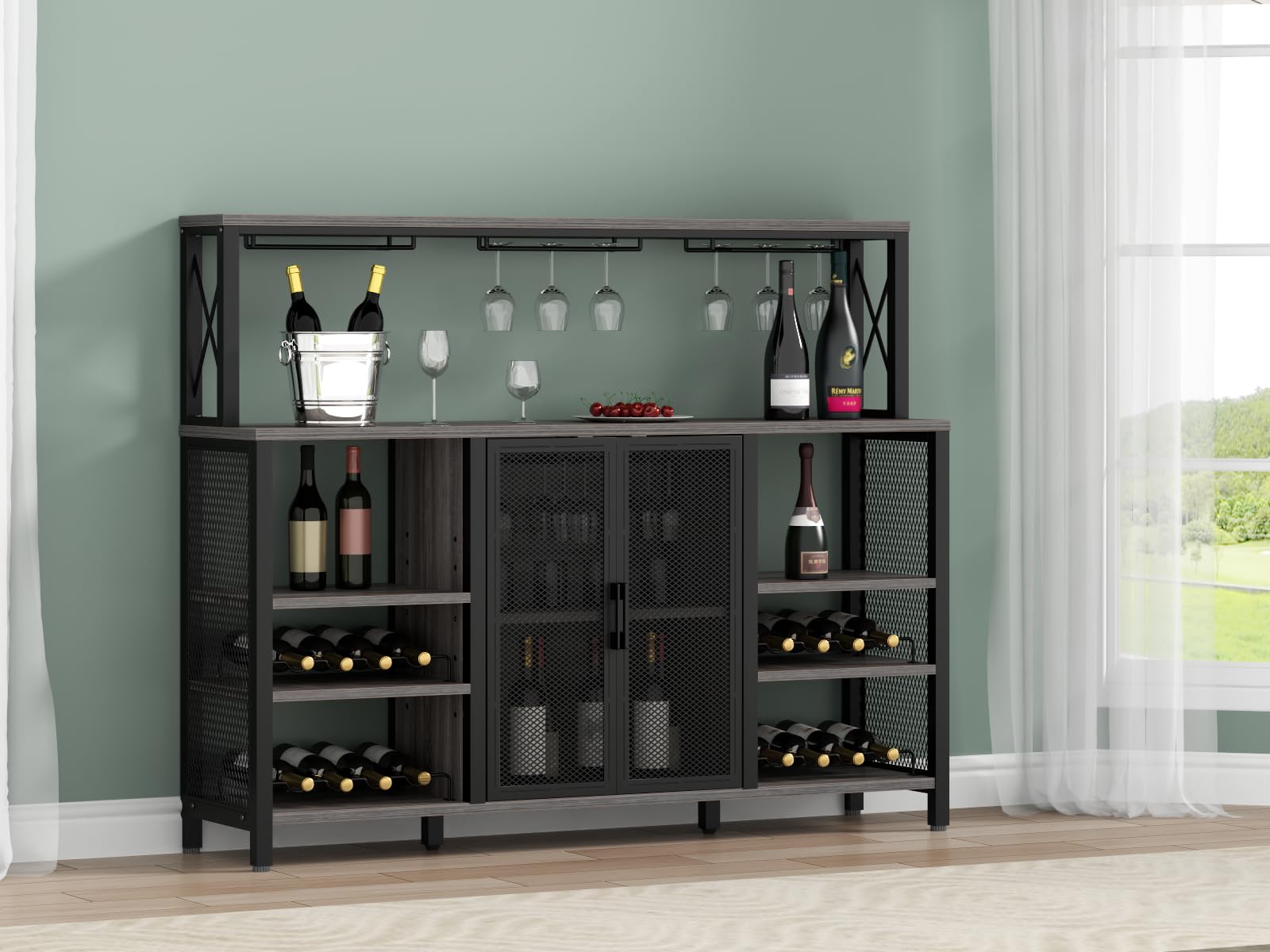 Gyfimoie Wine Bar Cabinet, 55 Inches Industry Coffee Bar Cabinet with Wine Rack and Glass Holder, Kitchen Sideboard Buffet Cabinet with Wine Rack Storage for Liquor and Glasses (Rustic Grey)