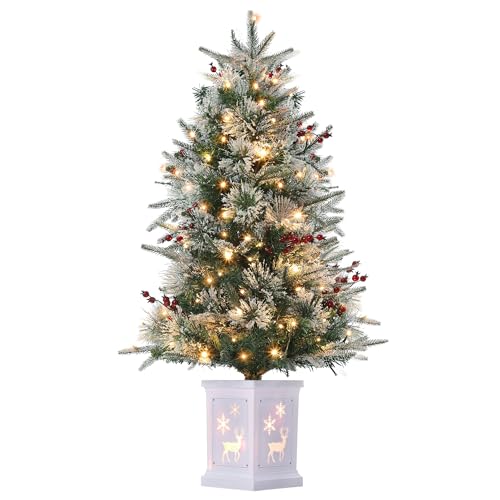 3ft Mini Prelit Premium Snow Flocked Artificial Christmas Tree, Pre-lit Xmas Pine Tree for Christmas Decoration, Party Decoration, Home, Office, White Base (White Base-elk, 3FT)