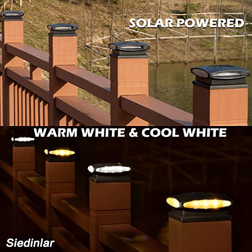 Siedinlar Solar Post Cap Lights Outdoor, 2 Modes 24 LED Solar Powered Fence Deck Light for 4x4 5x5 6x6 Posts Garden Patio Decoration Warm White & Cool White, Black (2 Pack)