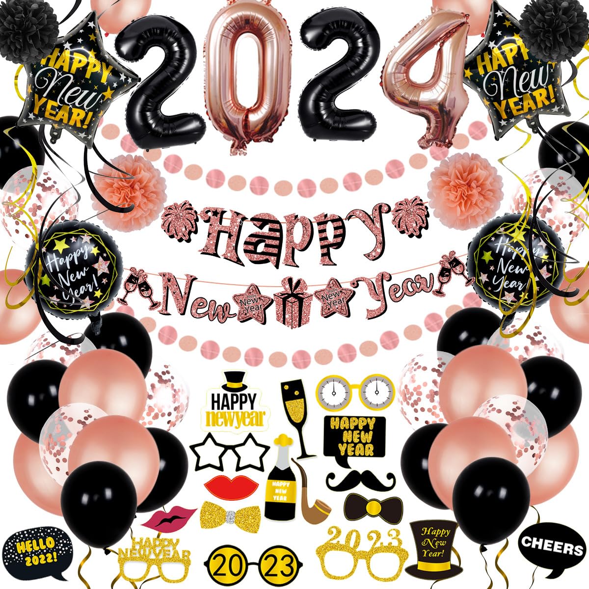 2024 Happy New Year Party Supplies, Foil Balloons Set, Happy New Year Banner, Latex Balloons, Curtains, Paper Pompoms for Home Outdoor Decor New Years Eve Party Supplies 2024, Black and Gold