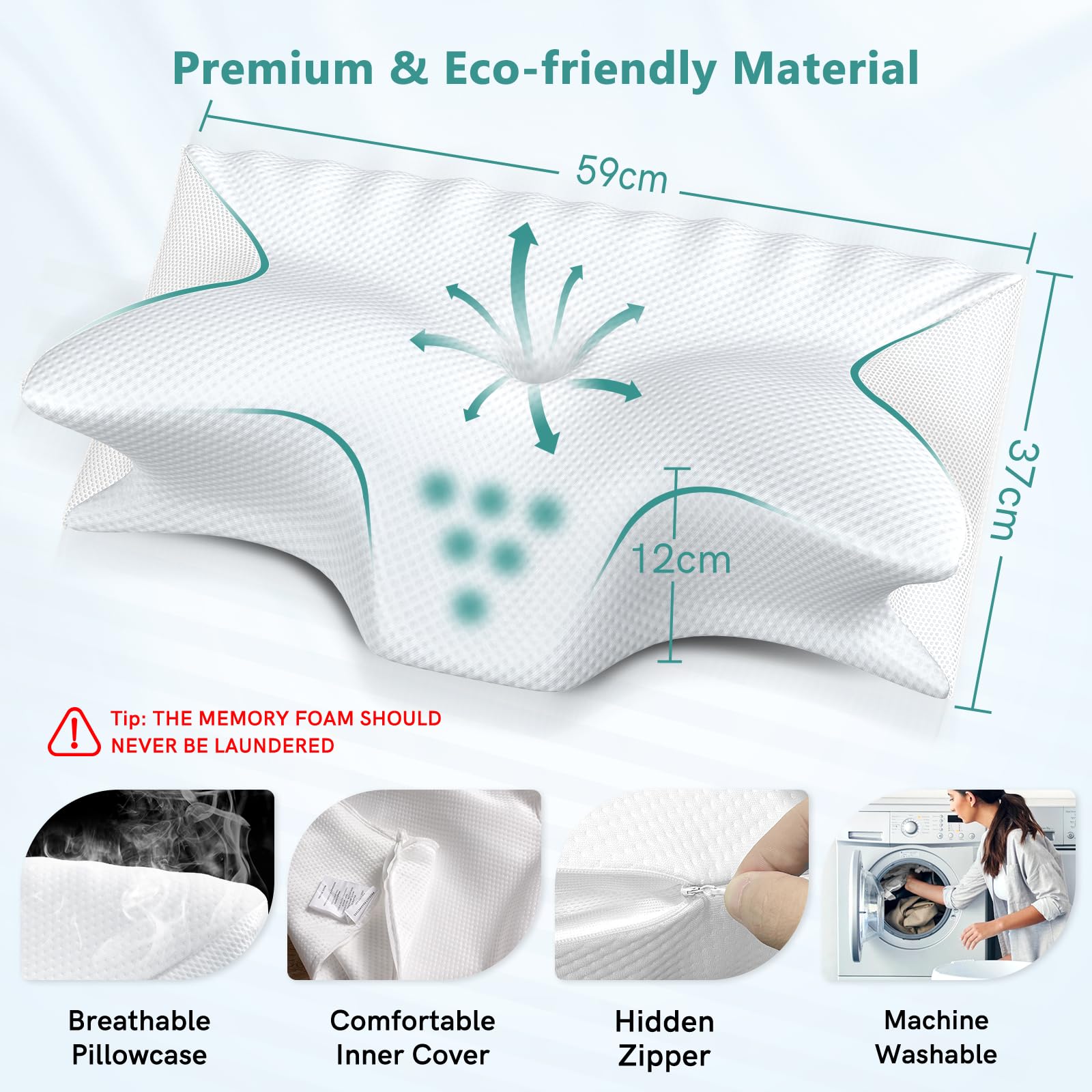 TailsUp Cervical Neck Pillow, Neck Pillows for Pain Relief, Orthopedic for Sleeping with Cooling Pillowcase, Bed Support for Side, Back, Stomach Sleeper