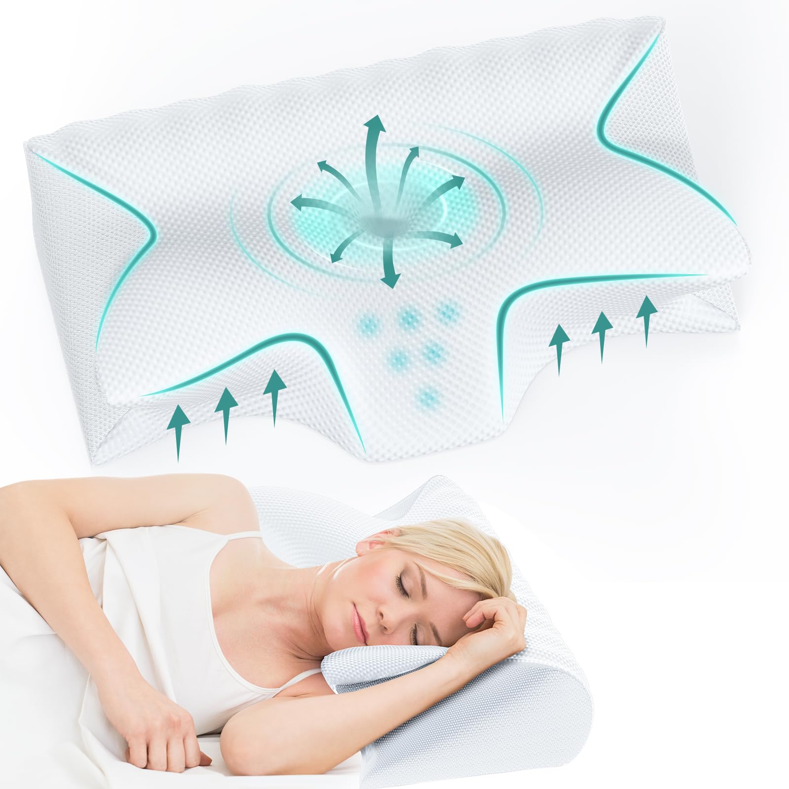TailsUp Cervical Neck Pillow, Neck Pillows for Pain Relief, Orthopedic for Sleeping with Cooling Pillowcase, Bed Support for Side, Back, Stomach Sleeper