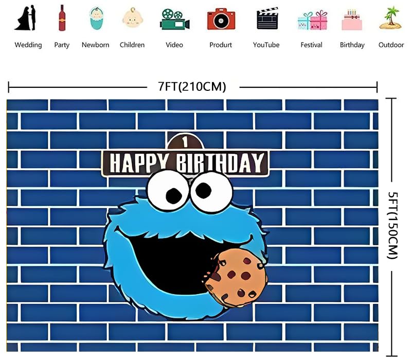 Backdrop, Cookie Monster for Birthday Party Decorations,Happy Birthday Banner Shoot Photo Backgrounds Props for Boys and Girls Party 7X5ft