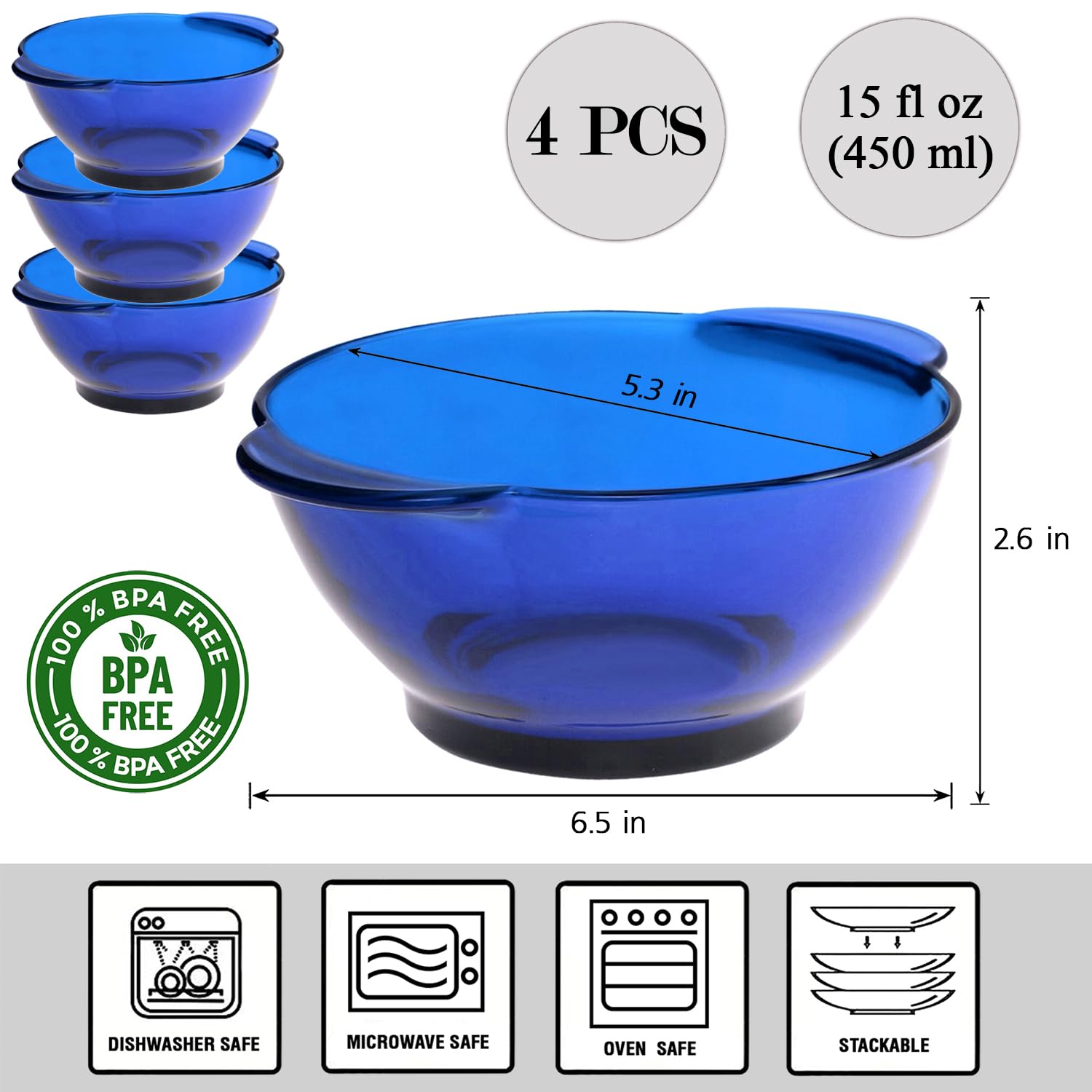 STP GOODS Glass Dinner Plates - Set of 4, Blue Cobalt Transparent Glass Eating Plates, Circular Glass Dinnerware for Salad, Bread, Dinner (15 Oz Glass Dessert Cup Set, Set of 4)
