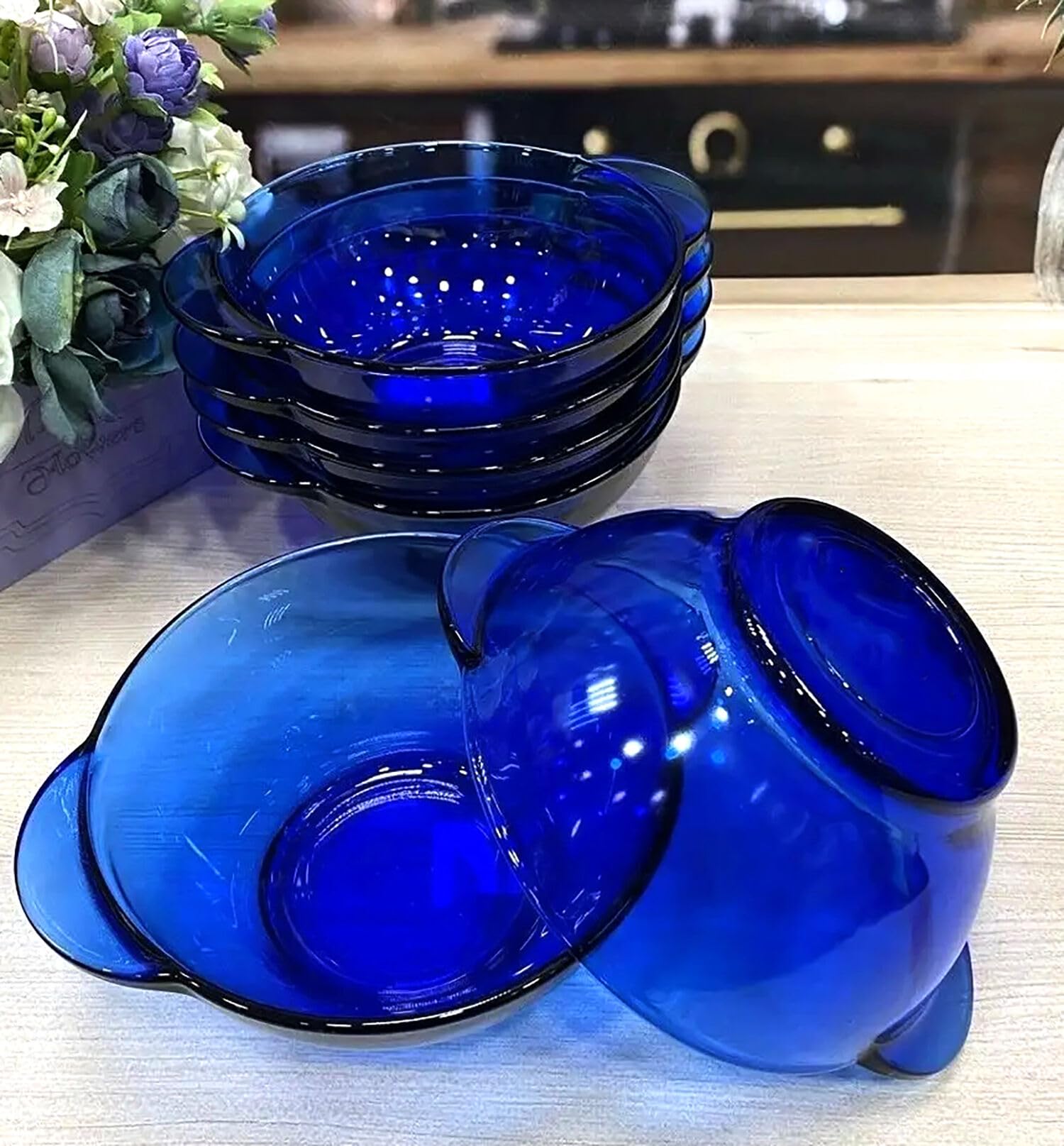 STP GOODS Glass Dinner Plates - Set of 4, Blue Cobalt Transparent Glass Eating Plates, Circular Glass Dinnerware for Salad, Bread, Dinner (15 Oz Glass Dessert Cup Set, Set of 4)