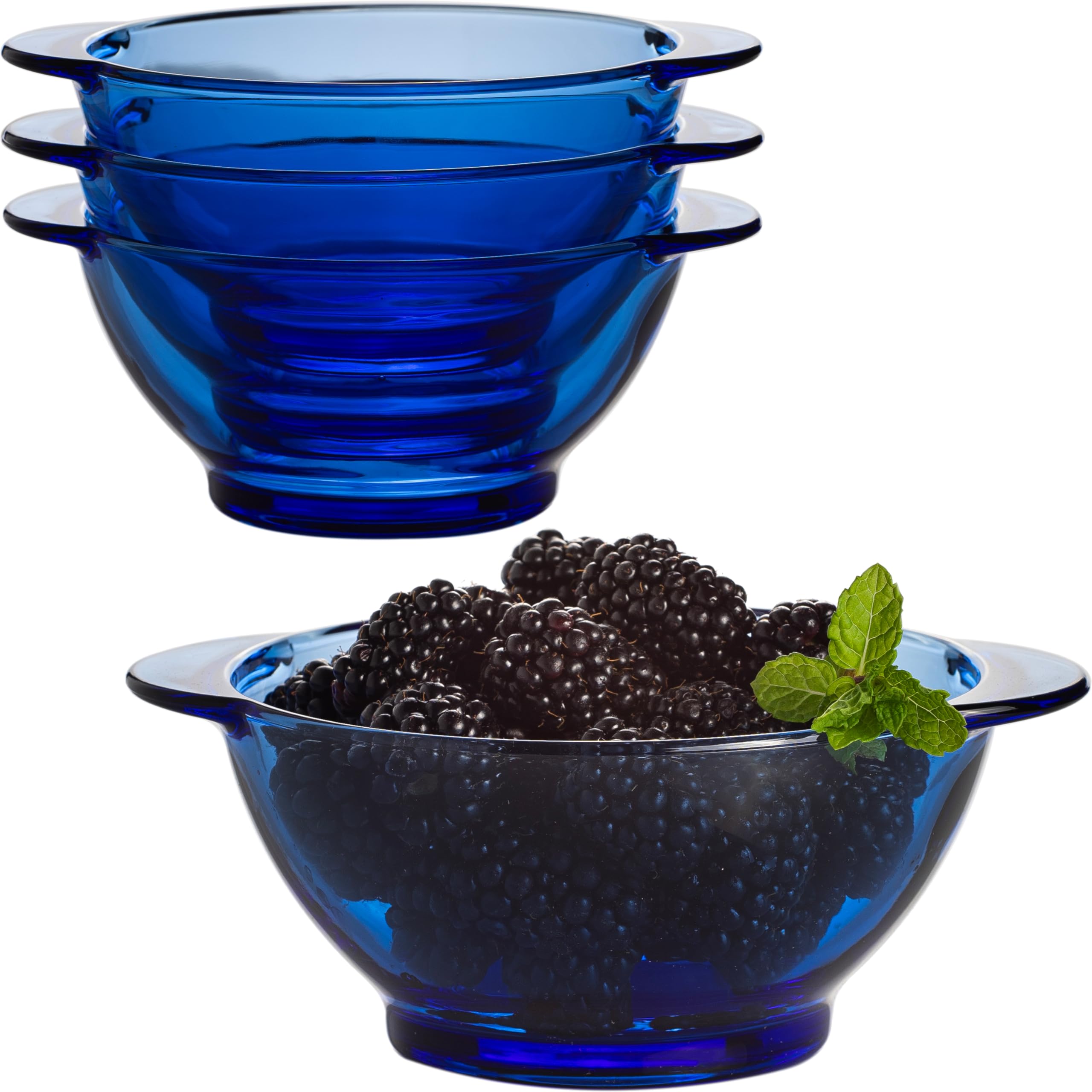 STP GOODS Glass Dinner Plates - Set of 4, Blue Cobalt Transparent Glass Eating Plates, Circular Glass Dinnerware for Salad, Bread, Dinner (15 Oz Glass Dessert Cup Set, Set of 4)