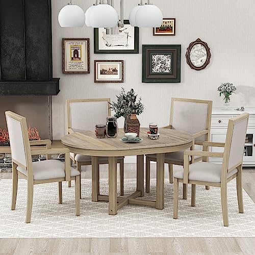 Bellemave 5-Piece Round Dining Table Set for 4 Round Extendable Kitchen Table Set with 4 Arm Chairs Two-Size Round to Oval Dining Room Set for Kitchen, Dining Room (Natural Wood Wash)