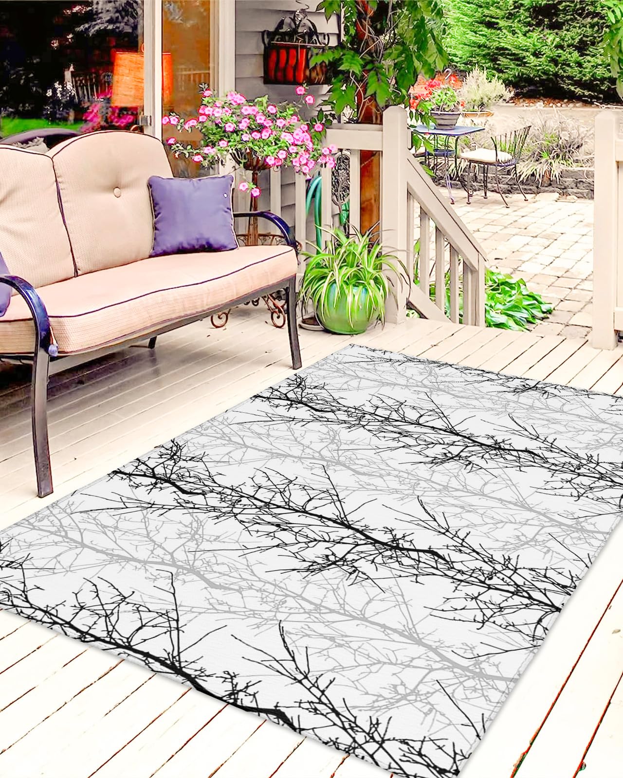 Tree Forest Outdoor Rugs for 5'x8' Patios Clearance, RV Camping Mat Rug Portable Outside Rug Indoor Outdoor Area Rug Mat for Beach Deck Pool Abstract Winter Branch Nature Black Grey