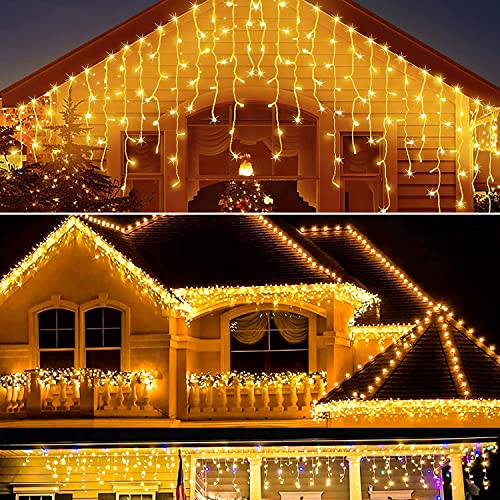 Christmas Icicle Lights Outdoor 33FT 400LED Outdoor Waterproof Holiday Decorations Lights with Remote Control, 8 Modes, Outside Christmas Lights for House, Porch, Eave, Garden Wall Decor (Warm White)