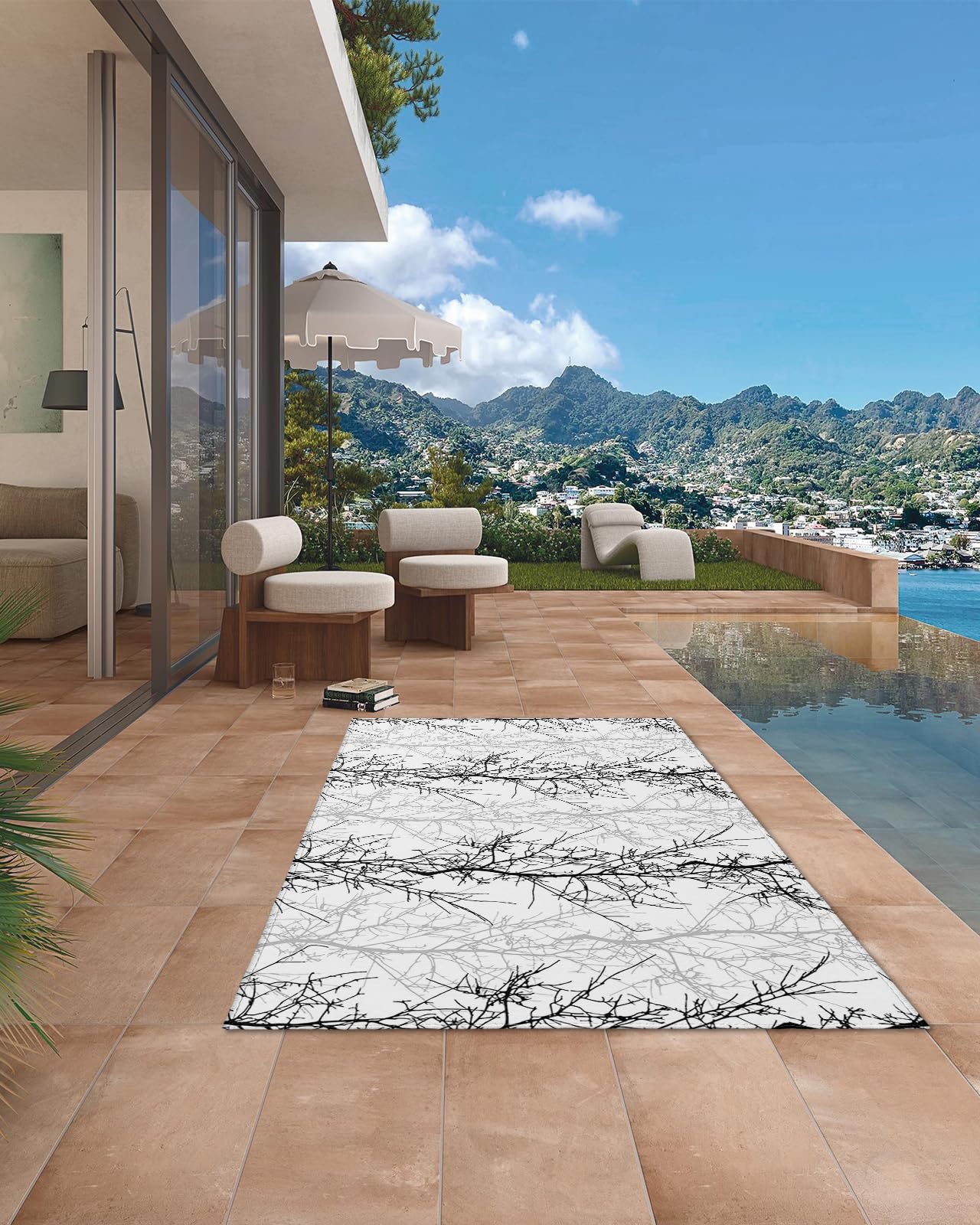 Tree Forest Outdoor Rugs for 5'x8' Patios Clearance, RV Camping Mat Rug Portable Outside Rug Indoor Outdoor Area Rug Mat for Beach Deck Pool Abstract Winter Branch Nature Black Grey