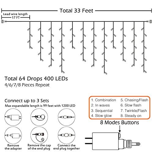 Christmas Icicle Lights Outdoor 33FT 400LED Outdoor Waterproof Holiday Decorations Lights with Remote Control, 8 Modes, Outside Christmas Lights for House, Porch, Eave, Garden Wall Decor (Warm White)