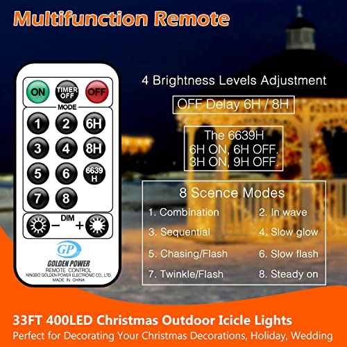 Christmas Icicle Lights Outdoor 33FT 400LED Outdoor Waterproof Holiday Decorations Lights with Remote Control, 8 Modes, Outside Christmas Lights for House, Porch, Eave, Garden Wall Decor (Warm White)