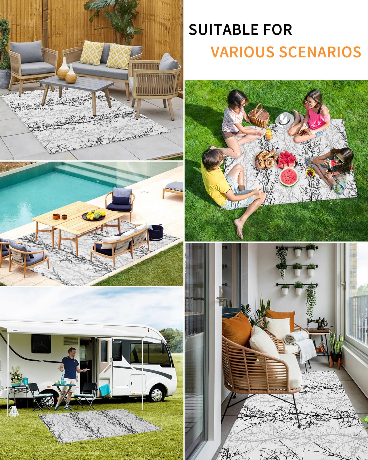 Tree Forest Outdoor Rugs for 5'x8' Patios Clearance, RV Camping Mat Rug Portable Outside Rug Indoor Outdoor Area Rug Mat for Beach Deck Pool Abstract Winter Branch Nature Black Grey