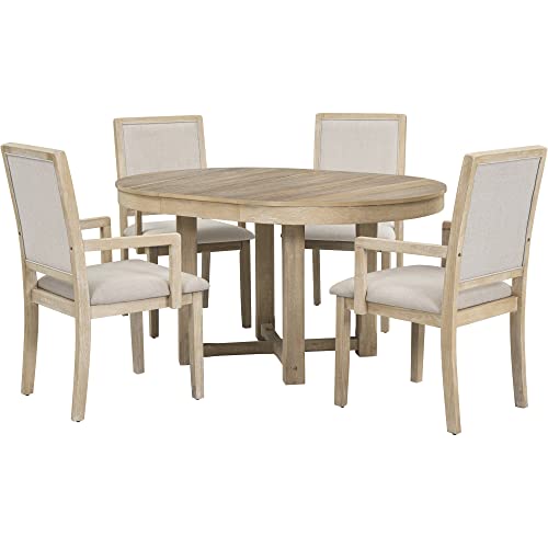 Bellemave 5-Piece Round Dining Table Set for 4 Round Extendable Kitchen Table Set with 4 Arm Chairs Two-Size Round to Oval Dining Room Set for Kitchen, Dining Room (Natural Wood Wash)