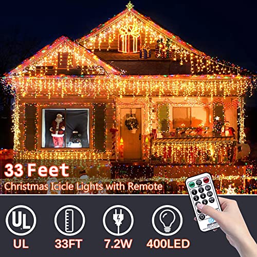 Christmas Icicle Lights Outdoor 33FT 400LED Outdoor Waterproof Holiday Decorations Lights with Remote Control, 8 Modes, Outside Christmas Lights for House, Porch, Eave, Garden Wall Decor (Warm White)