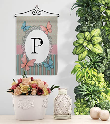 Breeze Decor P Initial Garden Flag Set Wall Hanger Monogram Friends Bugs & Frogs Butterfly Ladybugs Dragonfly Bee Springtime Insect Natural Wildlife House Yard Gift Double-Sided, Made in USA