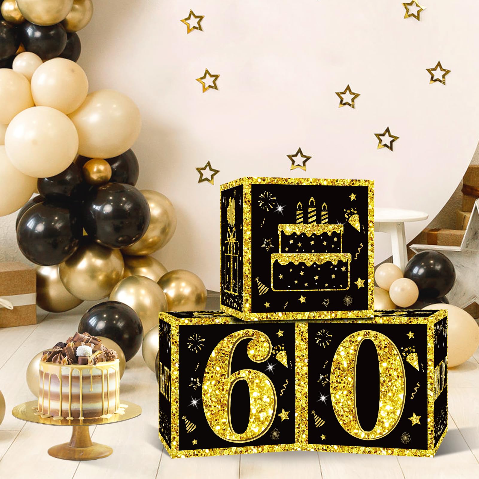 3pcs 60th Birthday Decorations Boxes for Men Women, Black Gold Happy 60 Birthday Balloons Boxes Party Supplies, 60 Year Old Bday Theme Cardboard Box Decor