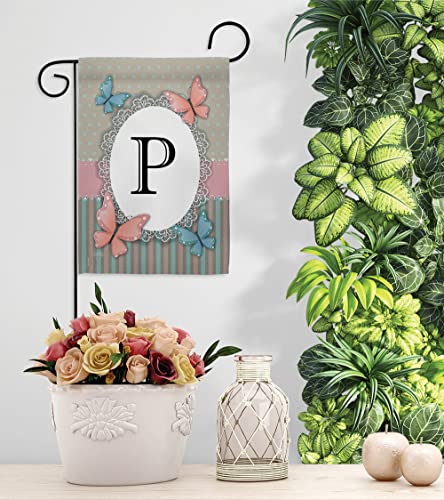 Breeze Decor P Initial Garden Flag Set Wall Hanger Monogram Friends Bugs & Frogs Butterfly Ladybugs Dragonfly Bee Springtime Insect Natural Wildlife House Yard Gift Double-Sided, Made in USA