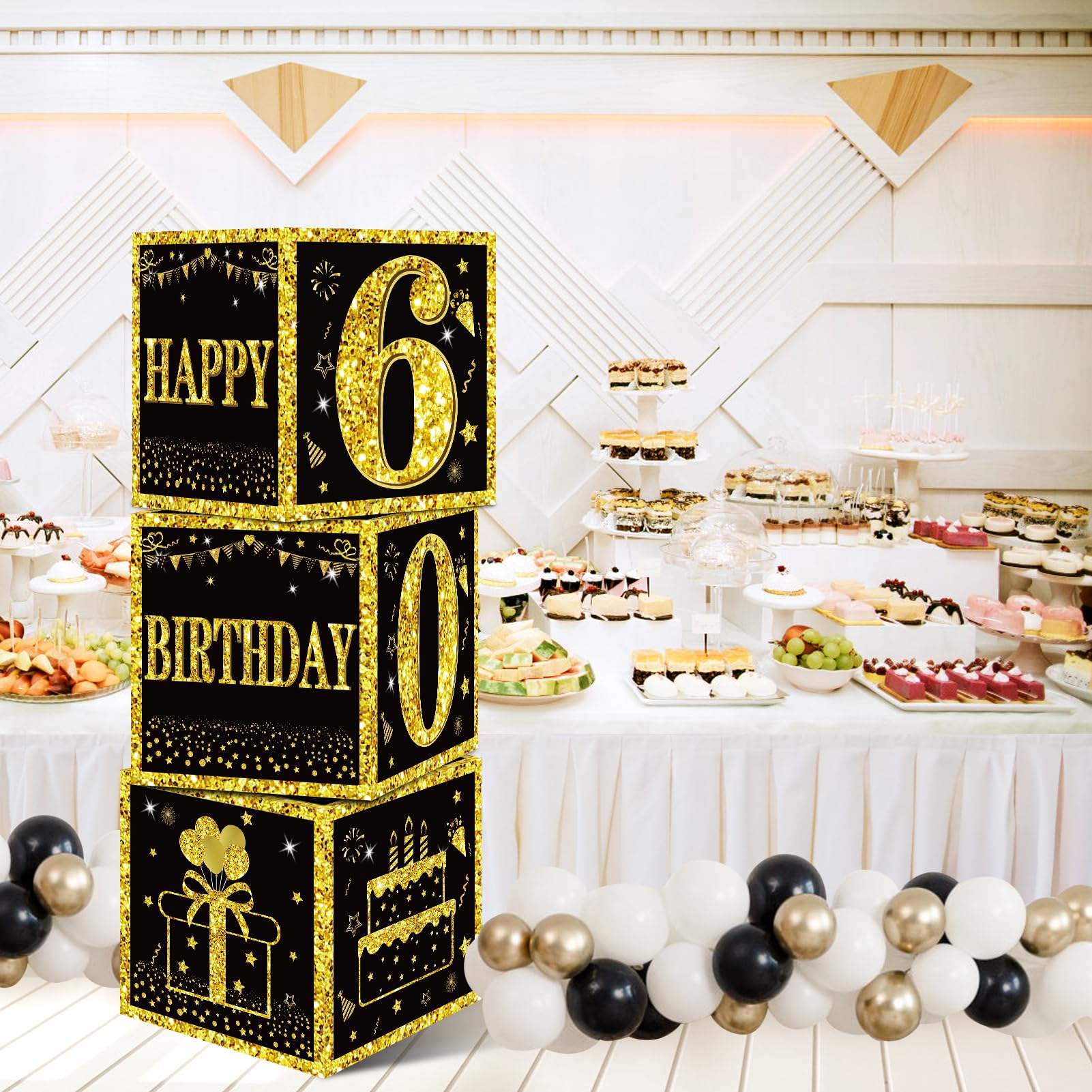3pcs 60th Birthday Decorations Boxes for Men Women, Black Gold Happy 60 Birthday Balloons Boxes Party Supplies, 60 Year Old Bday Theme Cardboard Box Decor