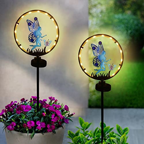 Solar Garden Lights 2 Pack Metal Fairy Garden Decor Outdoor, Waterproof LED Decorative Fairy Butterfly Solar Lights Decoration for Patio,Yard, Lawn - Gardening Gifts for Wife Mom Grandma Neighbors
