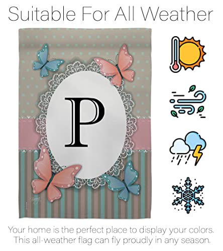 Breeze Decor P Initial Garden Flag Set Wall Hanger Monogram Friends Bugs & Frogs Butterfly Ladybugs Dragonfly Bee Springtime Insect Natural Wildlife House Yard Gift Double-Sided, Made in USA