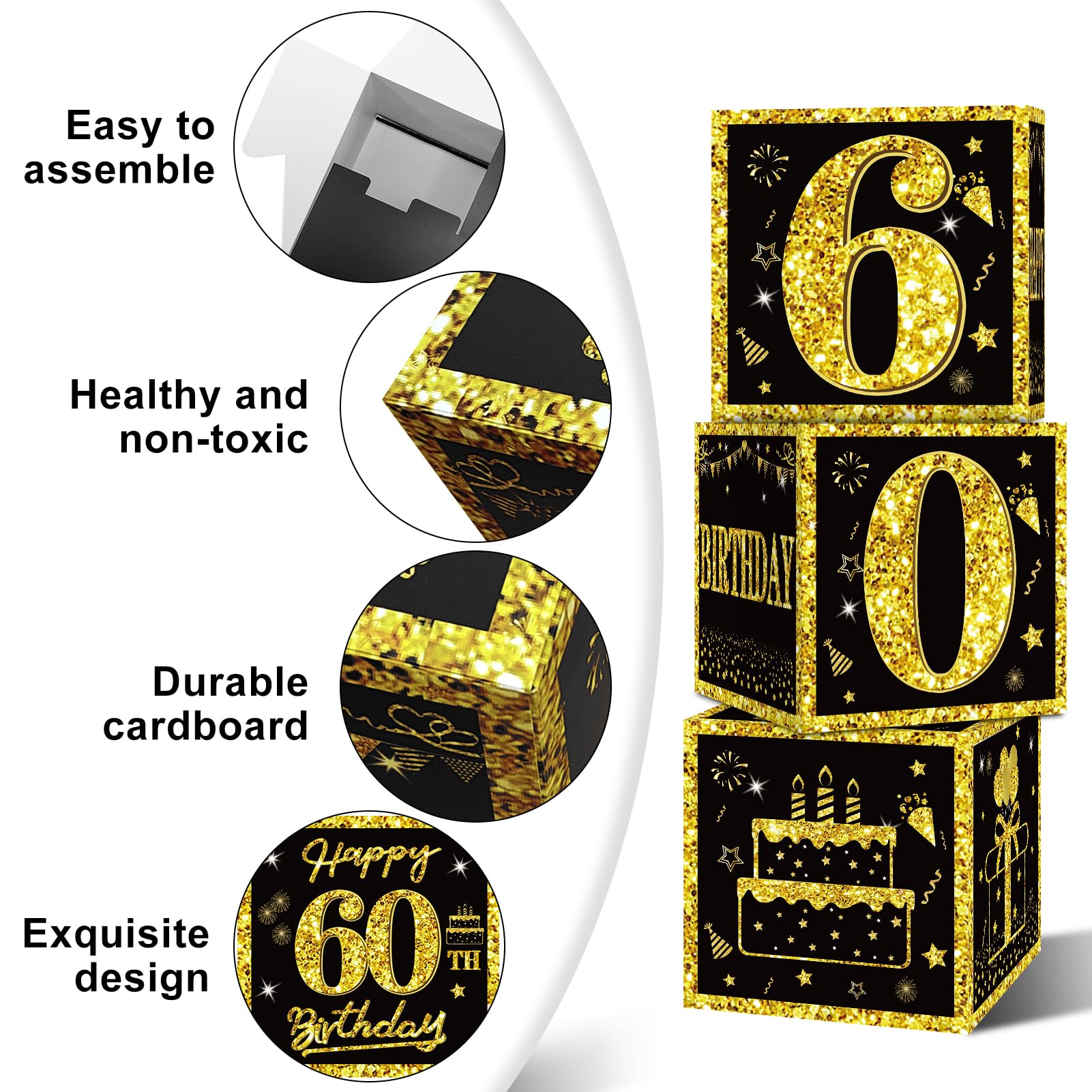 3pcs 60th Birthday Decorations Boxes for Men Women, Black Gold Happy 60 Birthday Balloons Boxes Party Supplies, 60 Year Old Bday Theme Cardboard Box Decor