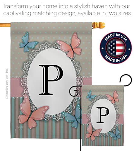 Breeze Decor P Initial Garden Flag Set Wall Hanger Monogram Friends Bugs & Frogs Butterfly Ladybugs Dragonfly Bee Springtime Insect Natural Wildlife House Yard Gift Double-Sided, Made in USA