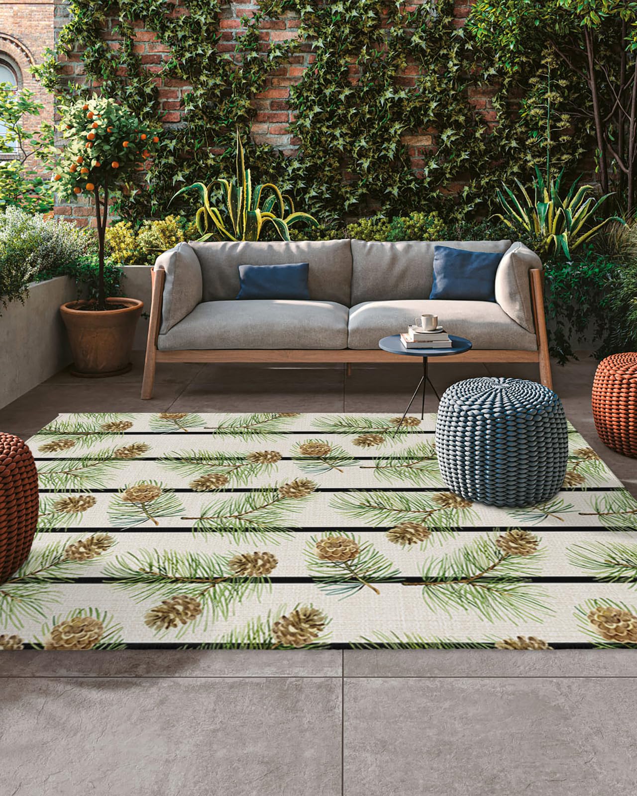 Christmas Outdoor Rugs for 6'x9' Patios Clearance, RV Camping Mat Rug Portable Outside Rug Indoor Outdoor Area Rug Mat for Beach Deck Pool Farmhouse Pine Leaves Cone Stripe