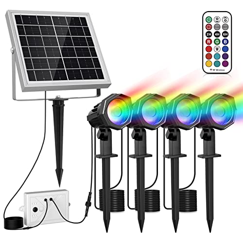 CLY RGB Solar Landscape Lights with Remote, 4 in 1 Color Changing Solar Outdoor Lights, 6 Level Brightness, 12-Color IP66 Waterproof with 45.9FT Cable RGBW Spotlights Outdoor Garden Yard Decor Light