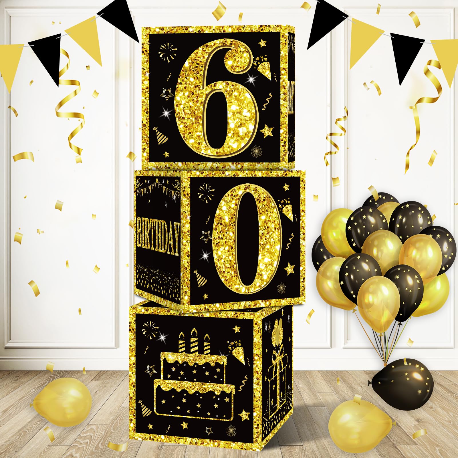 3pcs 60th Birthday Decorations Boxes for Men Women, Black Gold Happy 60 Birthday Balloons Boxes Party Supplies, 60 Year Old Bday Theme Cardboard Box Decor