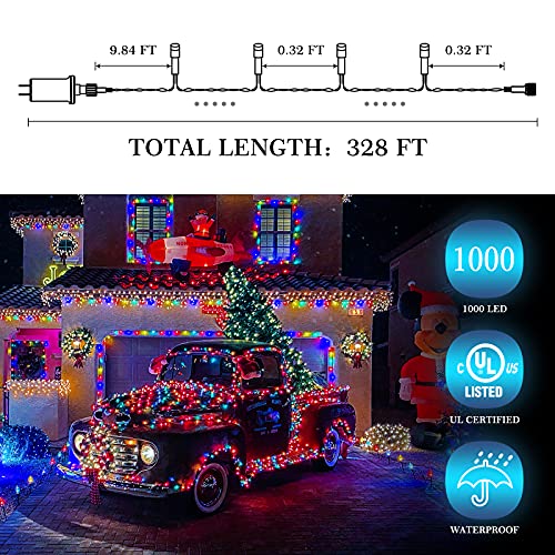 Areker 1000LED Christmas Lights Outdoor, 328ft Christmas Tree String Lights with Timer Function 8 Modes, Multicolor Christmas String Lights Plug in for Christmas Tree Party Wedding Halloween Garden
