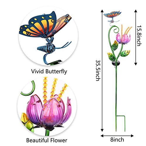 Glass Flower and Butterfly Solar Garden Stake Light Waterproof Solar Pathway Light Outdoor Garden Decor Light for Walkway Pathway Lawn Patio